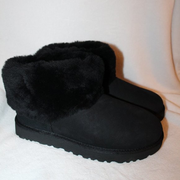 UGG | Shoes | Ugg Mini Suede Fluff Cuff Shearling Boots Black | Poshmark